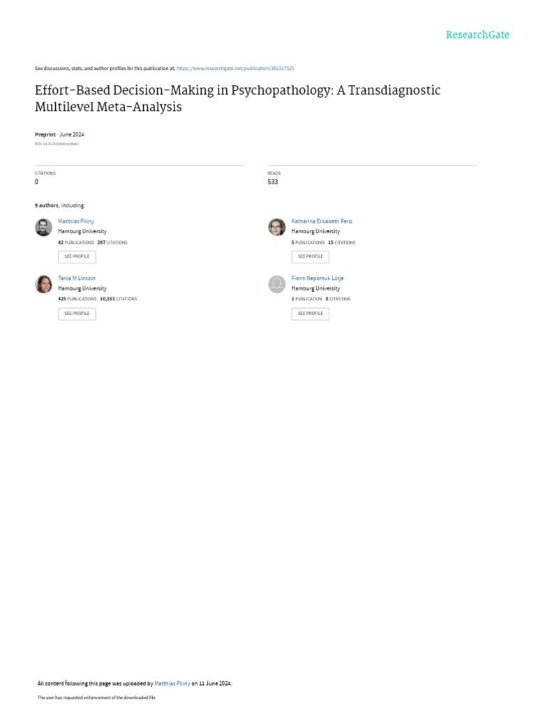 Effort Based Decision Making in Psychopathology A Transdiagnostic Multilevel Meta Analysis | PDF ...