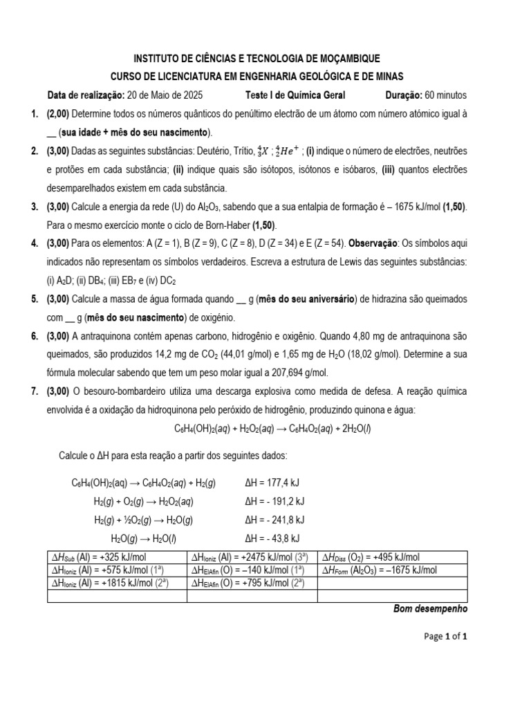 Teste I QG 2025 - Isctem (Online) - v2 | PDF | Entalpia | Mol (unidade)