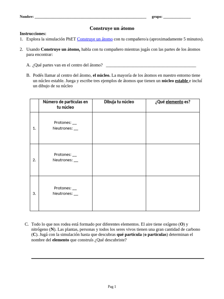 Hoja de Trabajo - Construye Un Átomo | PDF | Protón | Neutrón