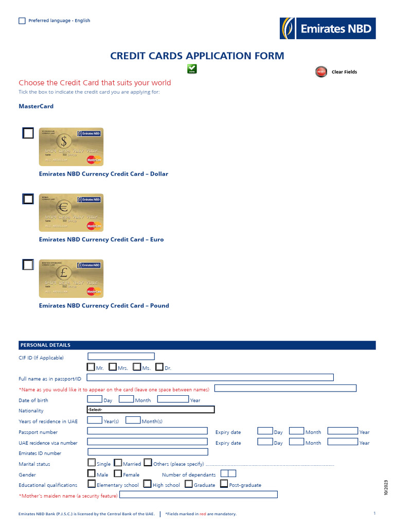 Emirates NBD Credit Card Application Form | PDF | Banks | Credit Card