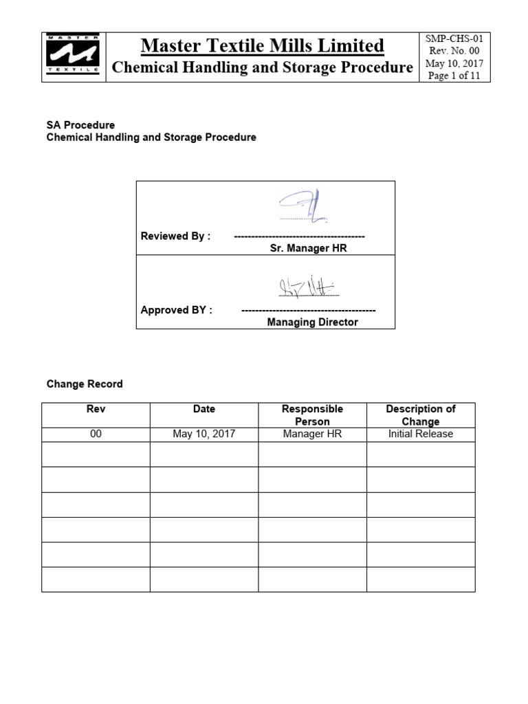 Chemical Handling Storage Procedure | PDF | Dangerous Goods | Hydrogen ...