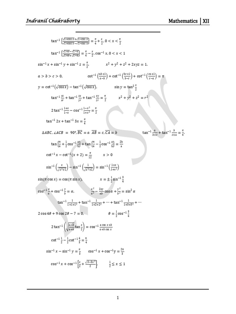 Inverse Trigonometric Function (Mathematics - Class XII) | PDF ...