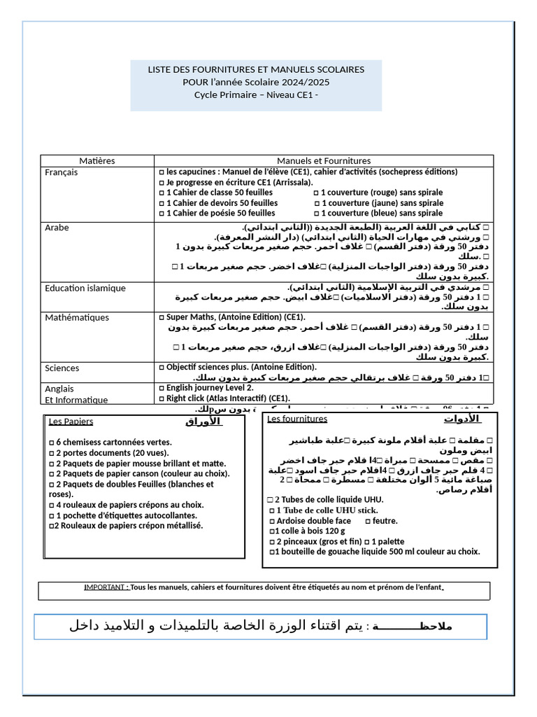 Fournitures CE1 26 | PDF