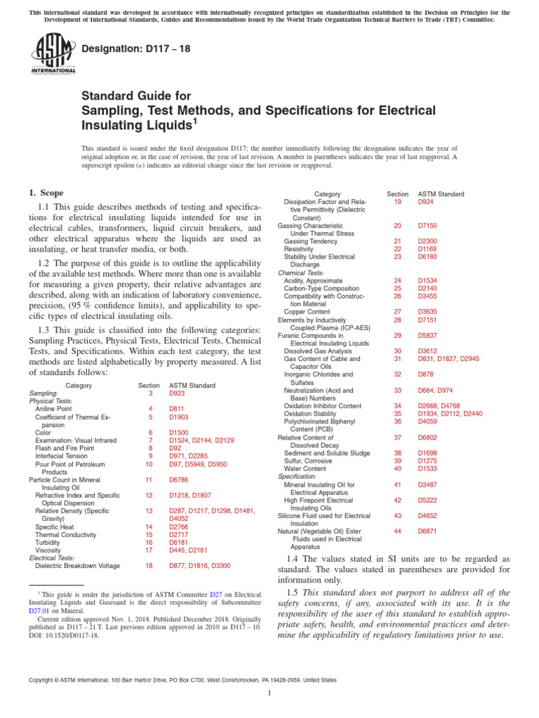 ASTM D117 - 2018 - Electrical Insulating Liquids | PDF | Refractive ...