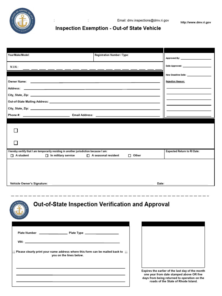 Out-of-State Inspection Form | PDF | Department Of Motor Vehicles | Vehicles