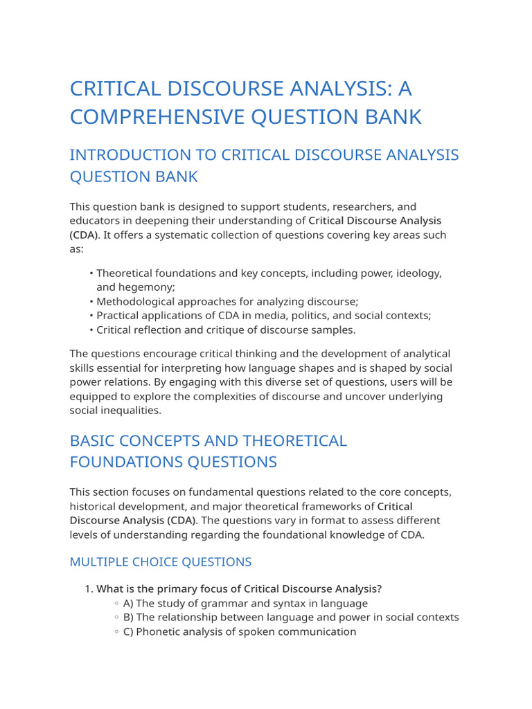 Critical Discourse Analysis Question Bank | PDF | Human Communication ...