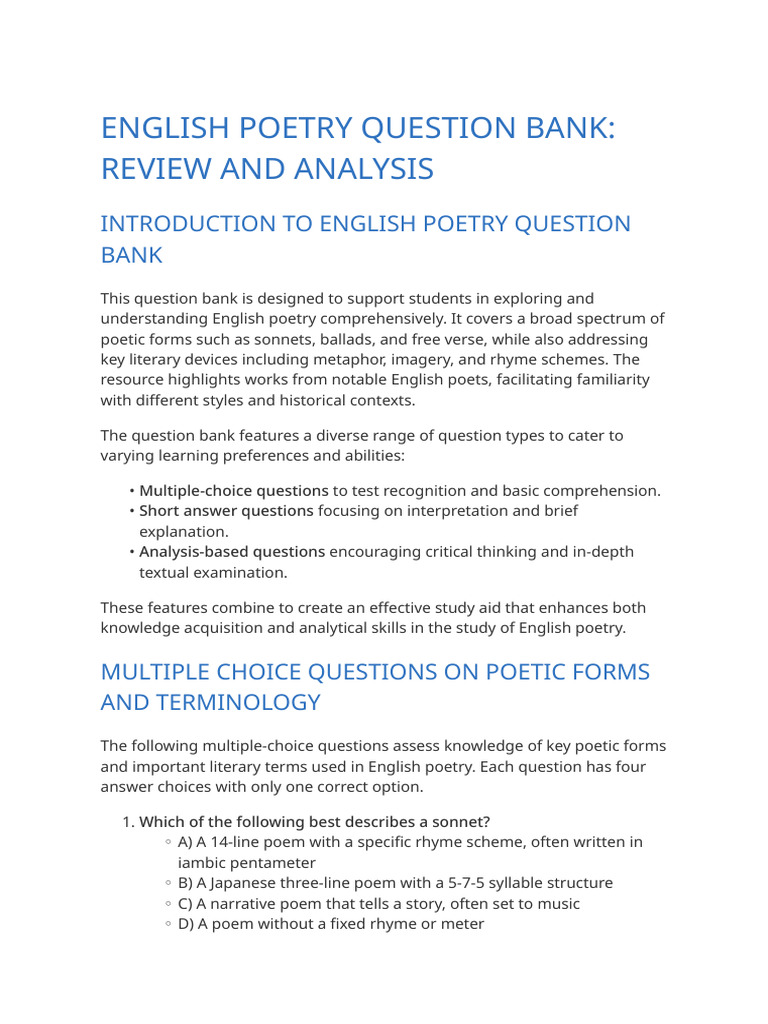 English Poetry Question Bank | PDF | Poetry | English Poetry