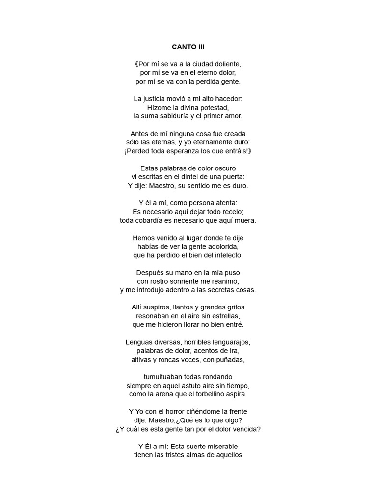 Infierno: Canto III de la Divina Comedia | PDF | Amor | Creencia ...