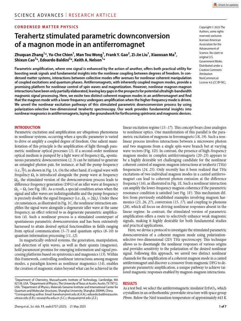 Terahertz Stimulated Parametric Downconversion of A Magnon Mode in An Antiferromagnet Sciadv ...
