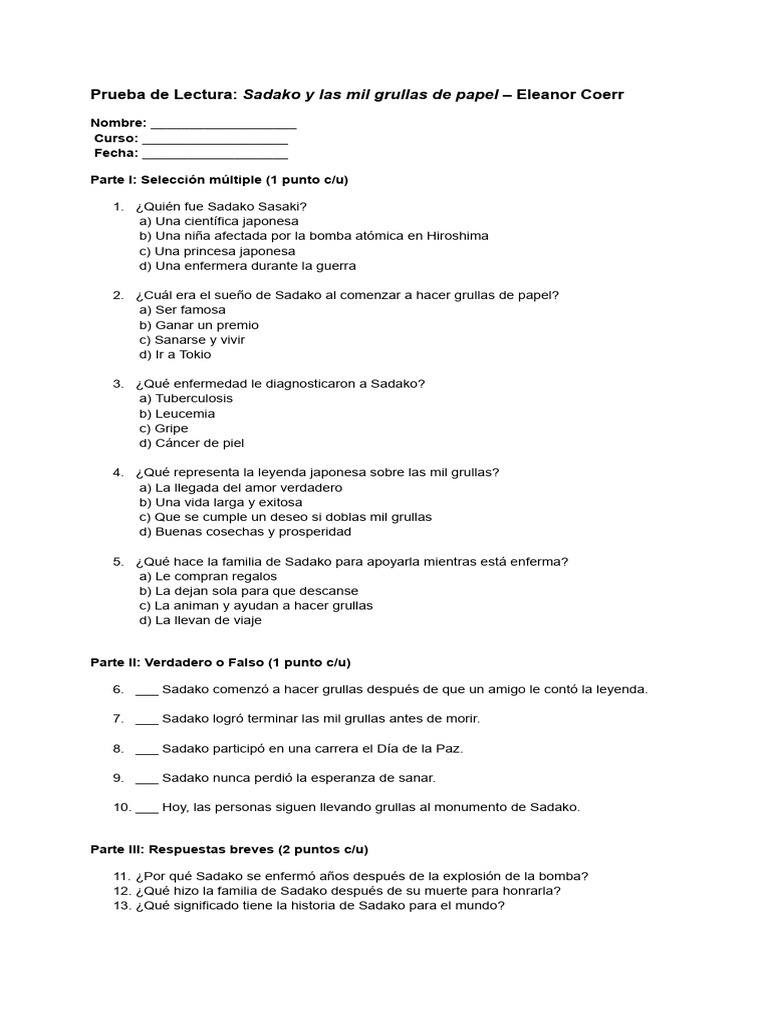 Prueba de Lectura - Sadako y Las Mil Grullas de Papel - Eleanor Coerr | PDF