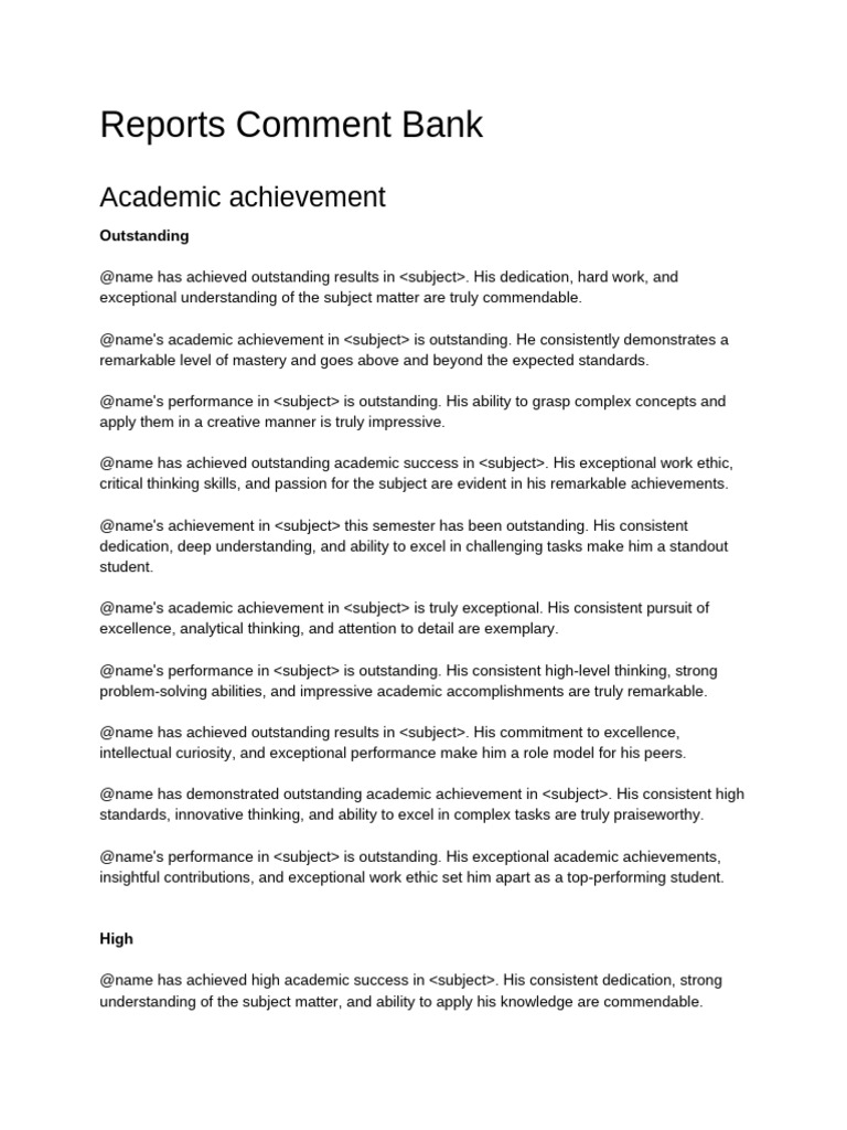 Academic Achievement Comment Bank | PDF | Critical Thinking | Reading ...
