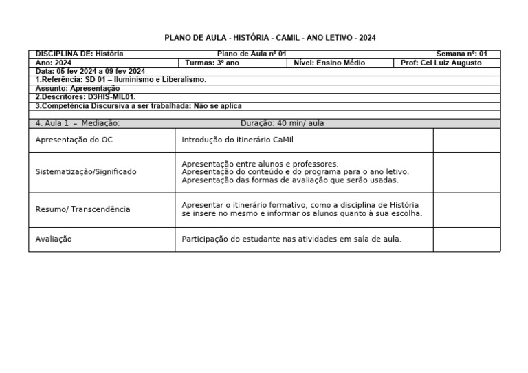 S01-CAMIL-Plano de Aula 2024 | PDF