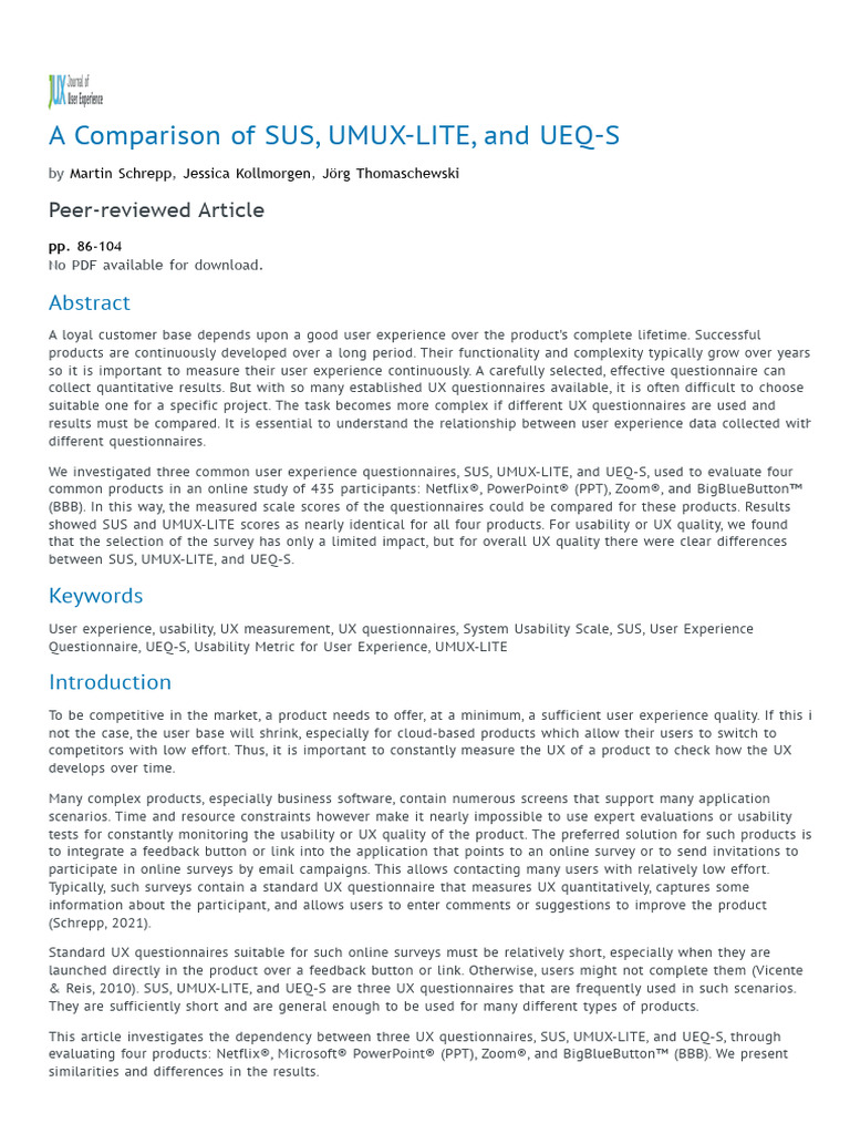 A Comparison of SUS, UMUX-LITE, and UEQ-S - JUX | PDF | User Experience ...