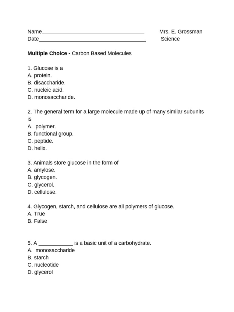 Carbon Based Molecules Worksheet | PDF | Carbohydrates | Glucose