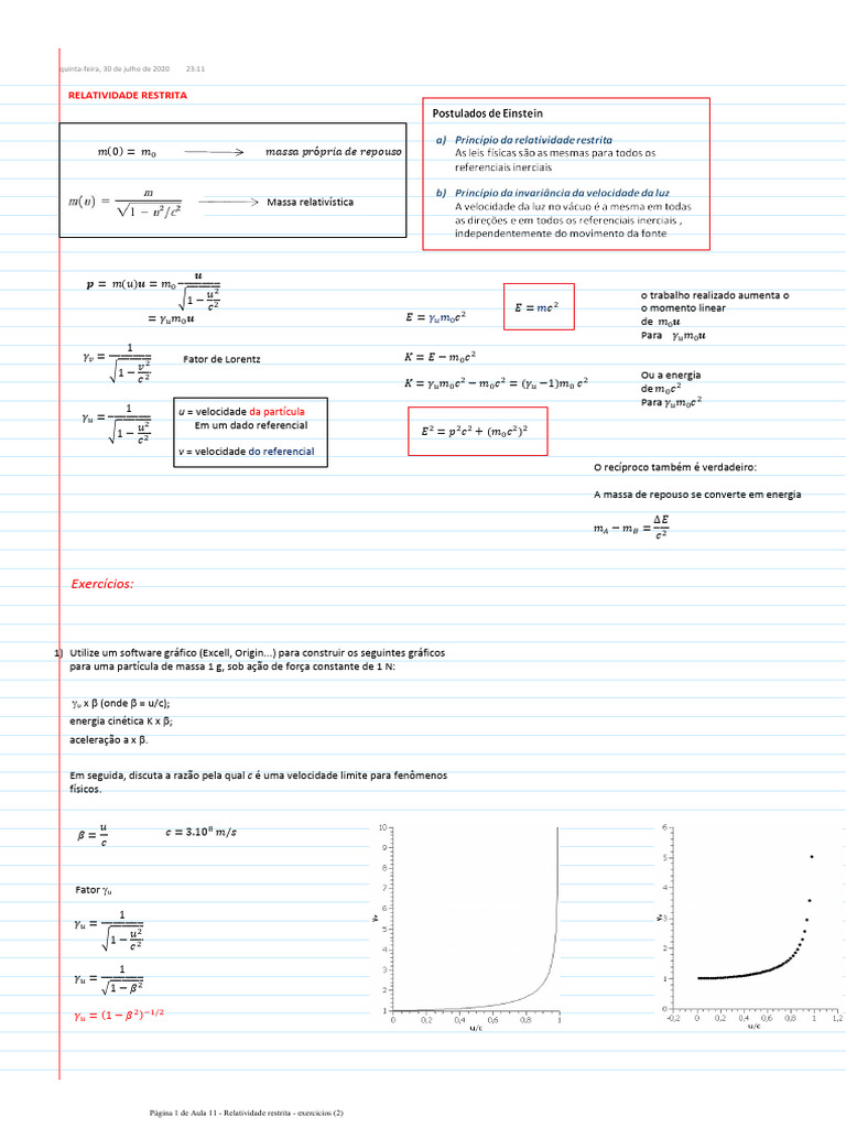 Aula 11 - Relatividade Restrita - Exercicios | PDF | Relatividade restrita | Massa
