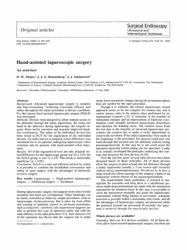 Hand-Assisted Laparoscopic Surgery | PDF | Medicine | Medical Specialties