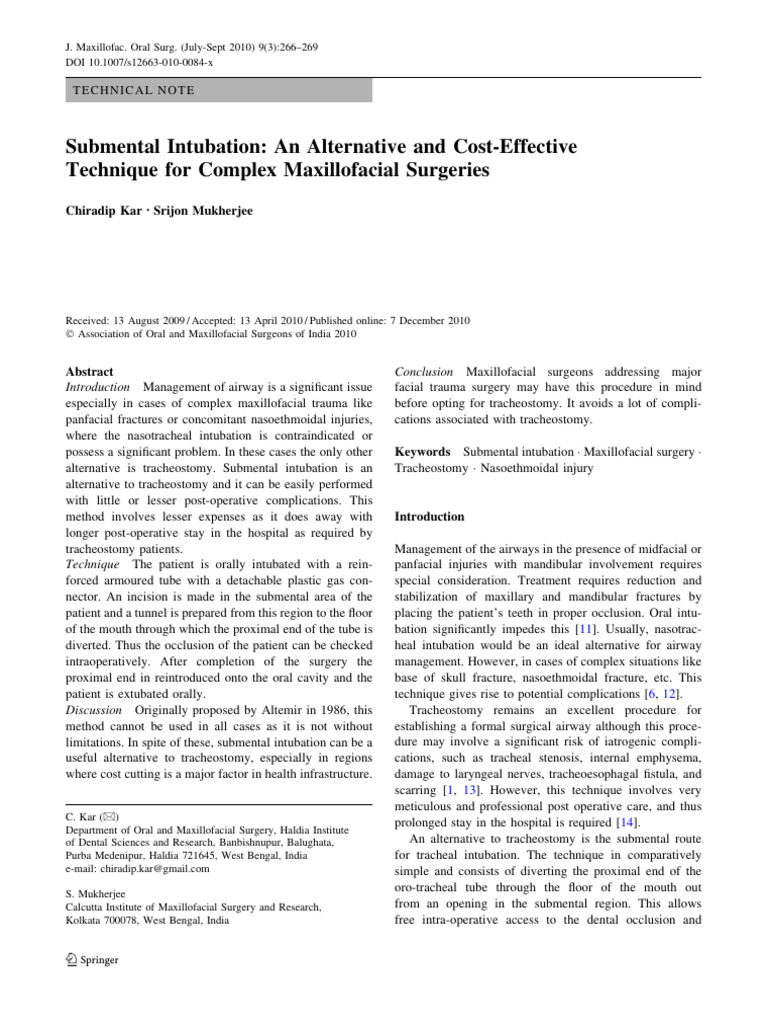 Submental Intubation: An Alternative and Cost-Effective Technique For ...