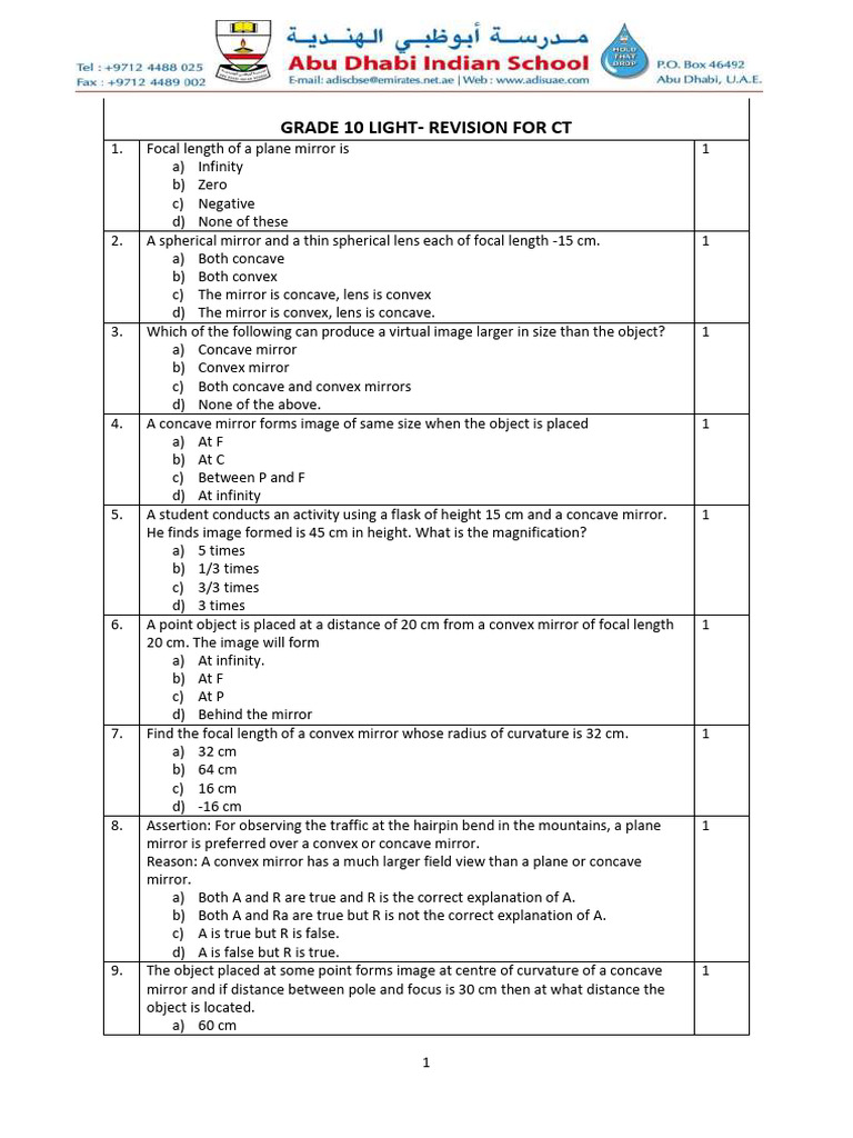 Grade 10 Light Revision Questions | PDF | Glass Engineering And Science ...