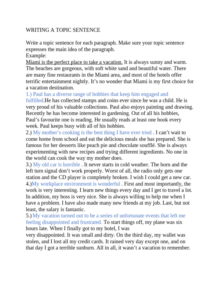 WRITING A TOPIC SENTENCE-E-learning | PDF