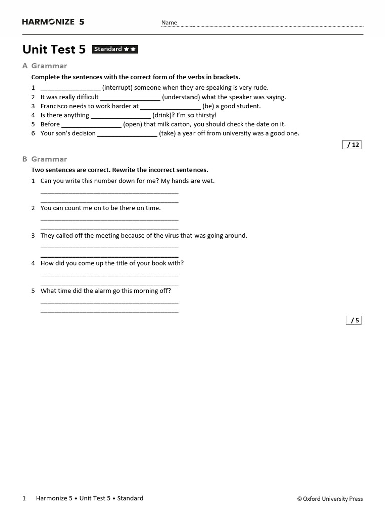 Harmonize - 5 - Unit 5 Test - Standard | PDF