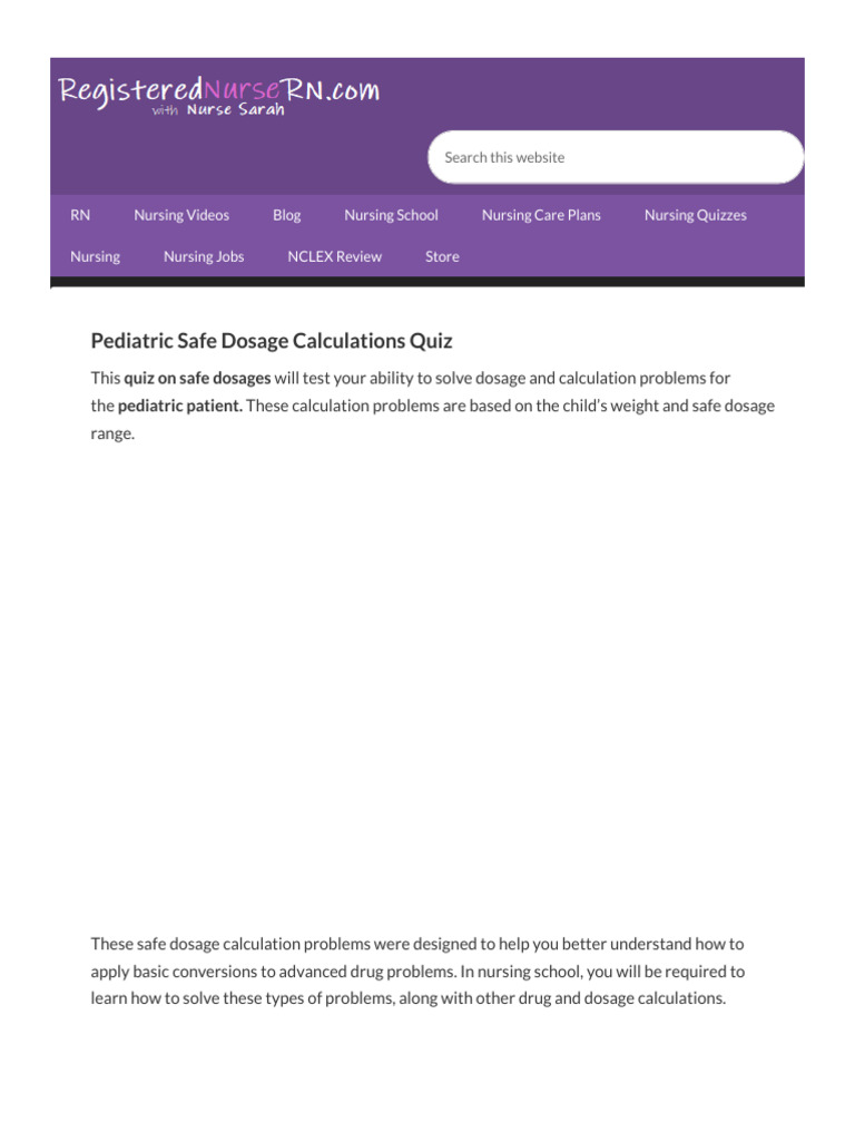 Pediatric Safe Dosage Calculations Quiz | PDF | Dose (Biochemistry ...