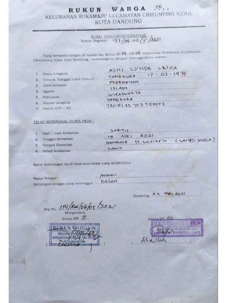 SRT Pengantar Kematian Mama BDG | PDF