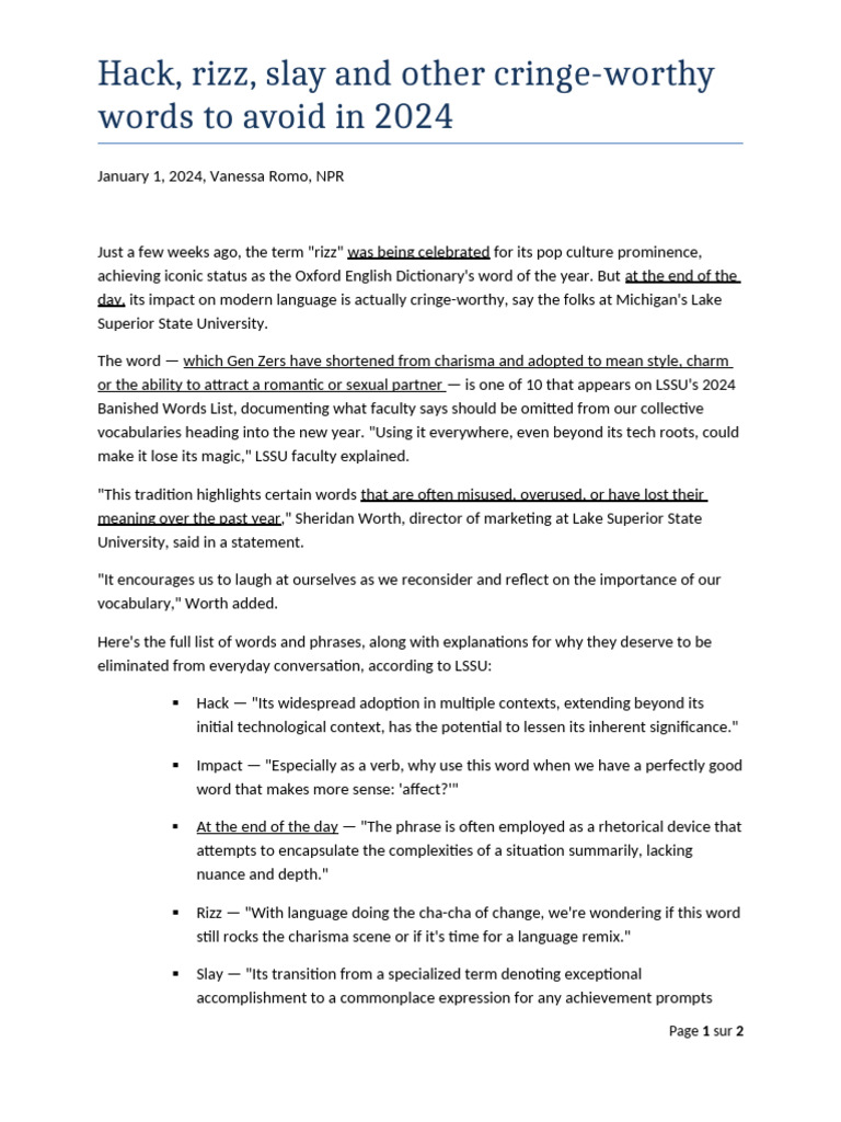 Hack, Rizz, Slay and Other Cringe-Worthy Words To Avoid in 2024 - NPR ...