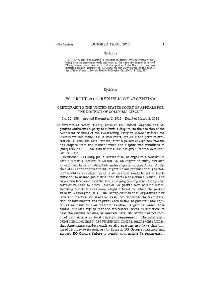 BG Group PLC v. Argentina, US Supreme Court Judgement | PDF ...