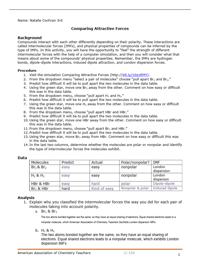 AACT Comparing Attractive Forces Simulation STUDENT Short PDF | PDF ...