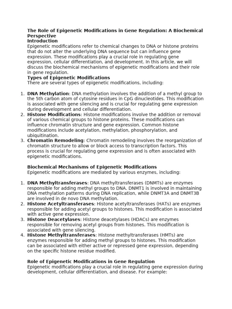 The Role of Epigenetic Modifications in Gene Regulation | PDF ...