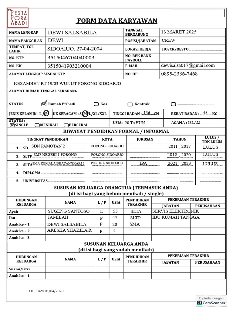 Formulir Data Karyawan Lengkap | PDF