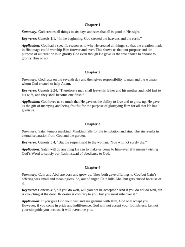 Genesis Chapter Summaries 1-12 | PDF | Noah | Book Of Genesis