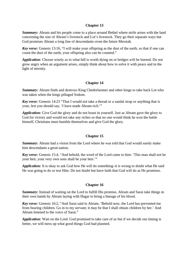 Bible Chapter Summaries Genesis 13-24 | PDF | Sarah | Abraham