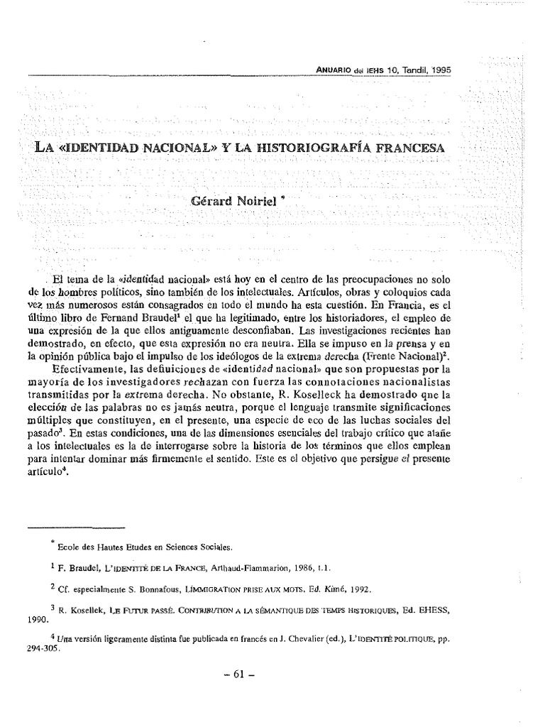 Noiriel - La Identidad Nacional y La Historiografia Francesa | PDF ...