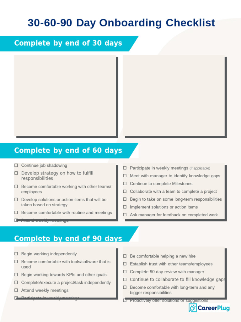 30 60 90 Day Onboarding Checklist | PDF | Behavioural Sciences | Workplace