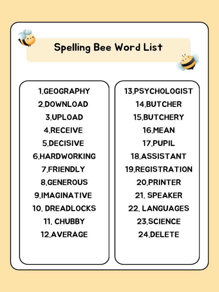 Spelling Bee Word List Worksheet | PDF