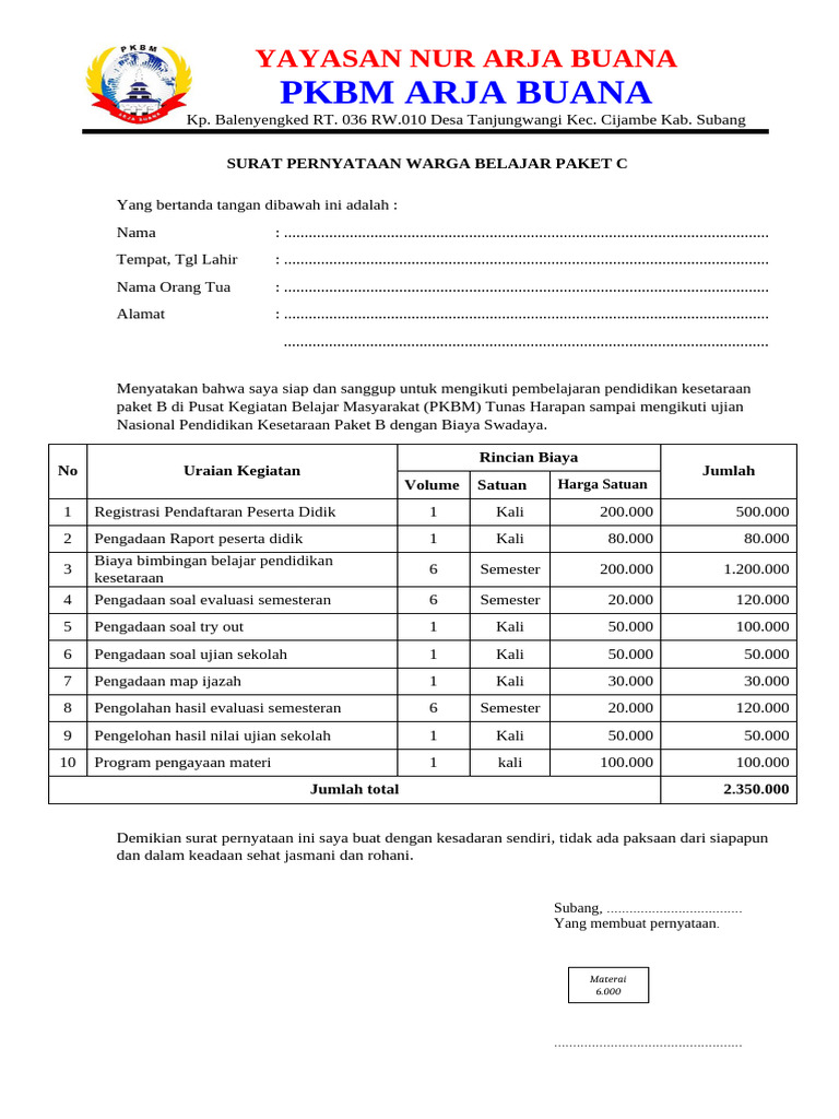 RINCIAN BIAYA PKBM ARJA | PDF