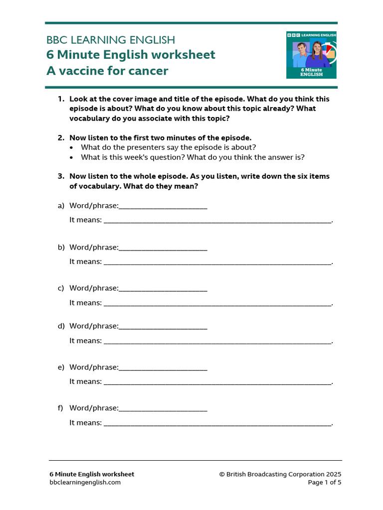 6 Minute English A Vaccine For Cancer Worksheet | PDF | English Language
