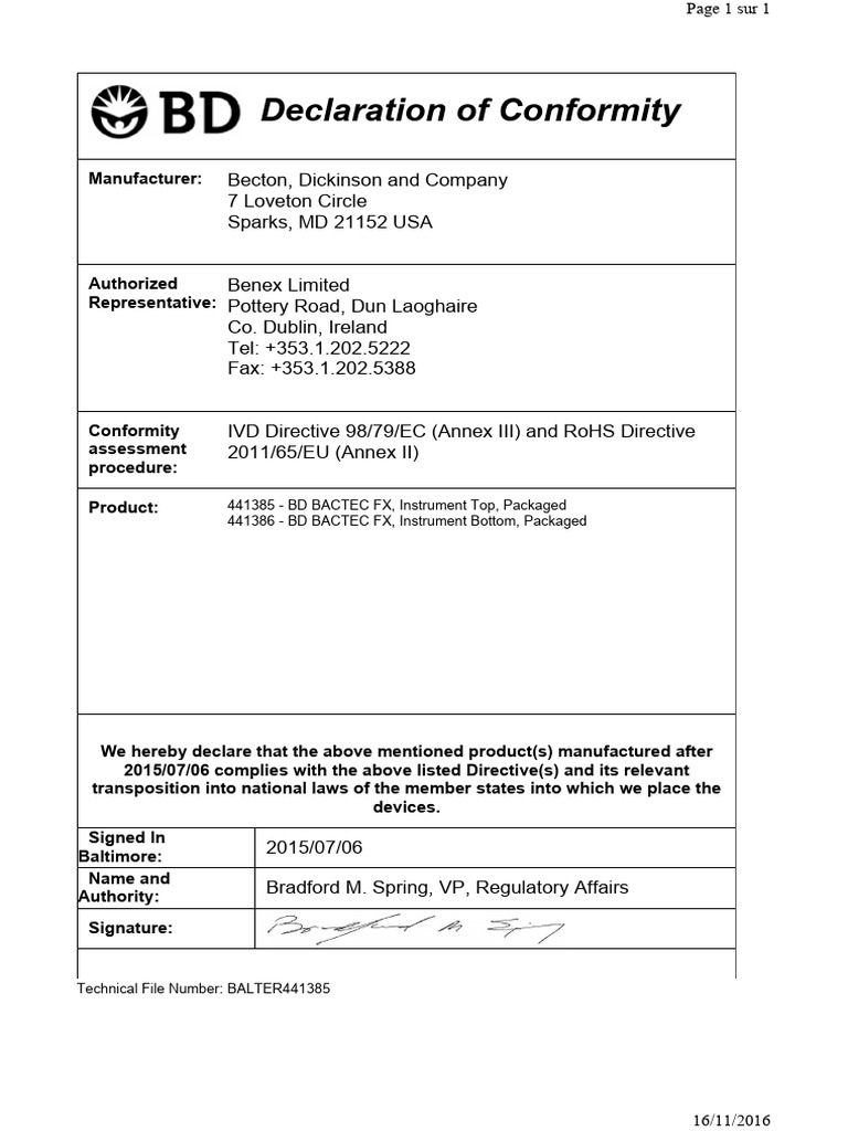 Becton Dickinson - Declaration EC - To Be Modified | PDF