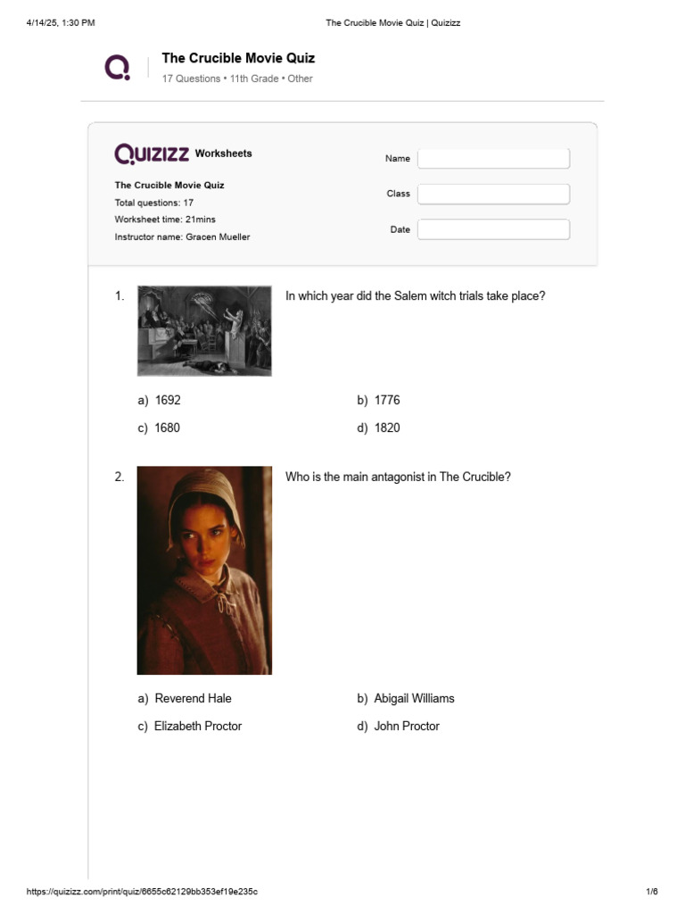 The Crucible Movie Quiz: 17 Questions | PDF | Salem, Massachusetts ...