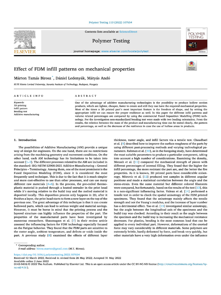 Birosz 2022 Effect of FDM Infill Patterns On Mechanical Properties | PDF