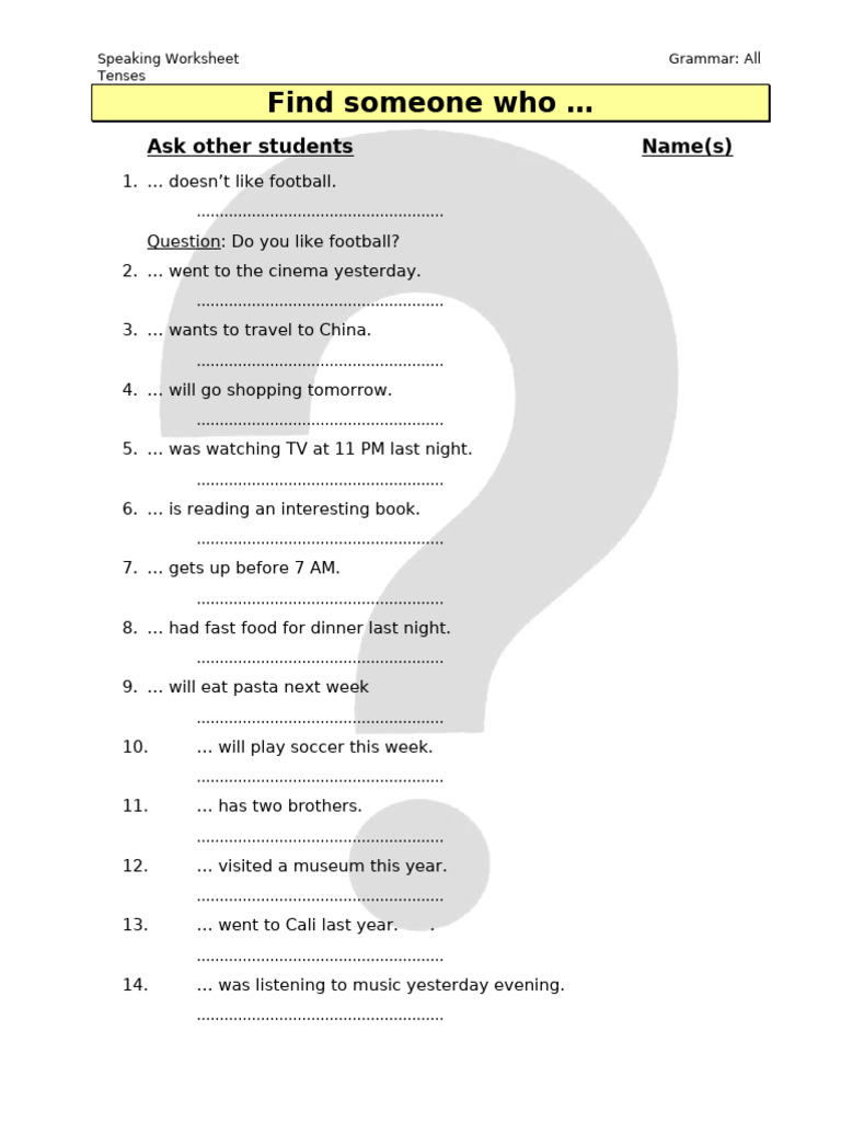 Find Someone Who All Tenses 1 Fun Activities Games Grammar Drills 14059 ...