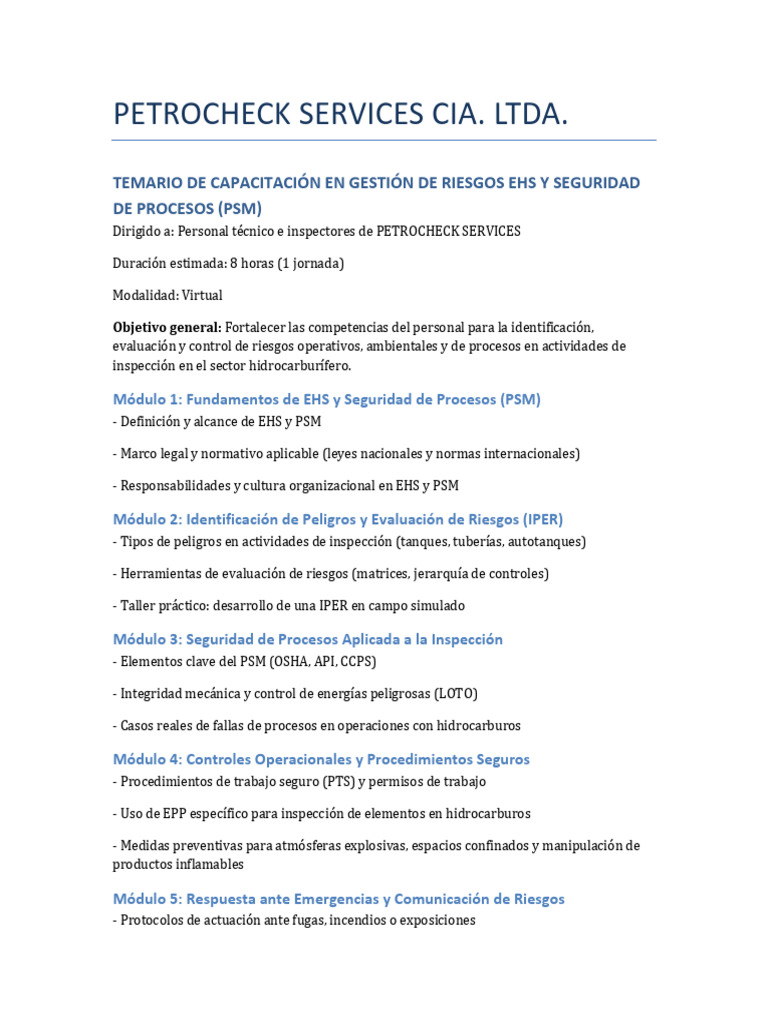 Temario Capacitacion Ehs PSM Petrocheck | PDF