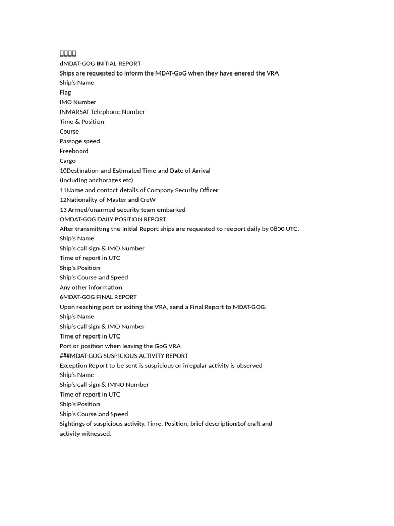 MDAT-GOG Reporting Guidelines for Ships | PDF