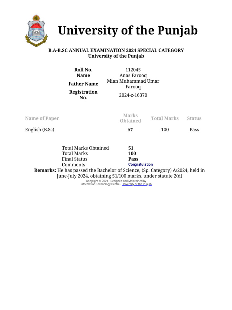 University of The Punjab - Results - B.a-B.sc Annual Examination 2024 ...