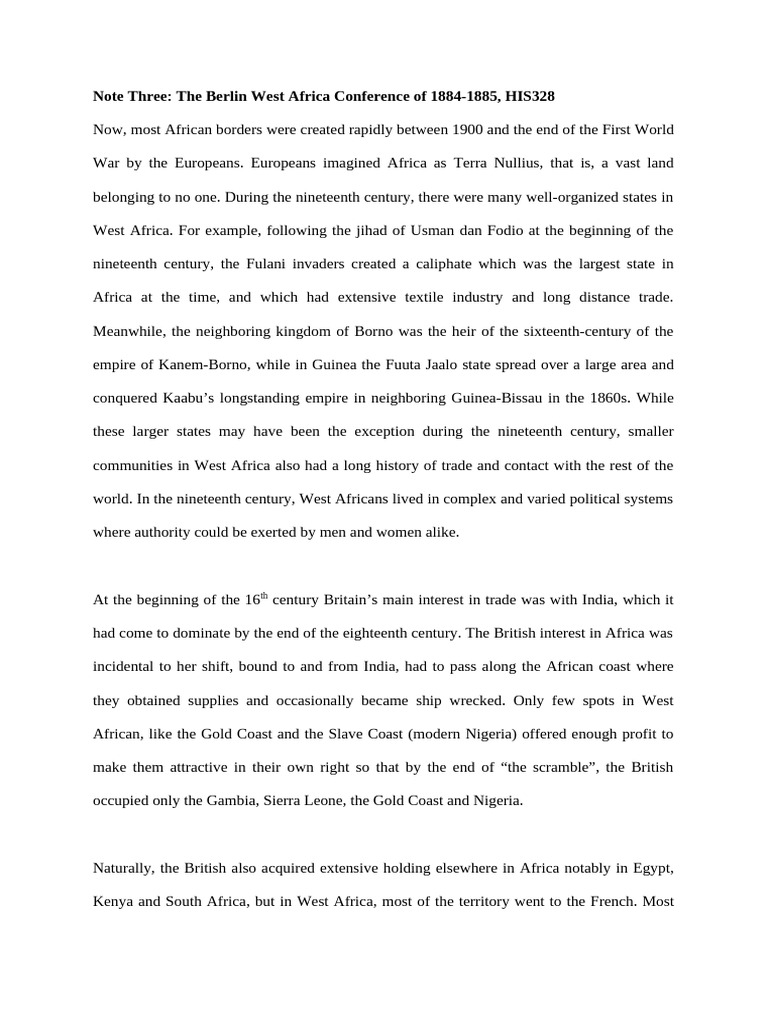 Note Three The Berlin West Africa Conference of 1884 1885, HIS328 | PDF ...