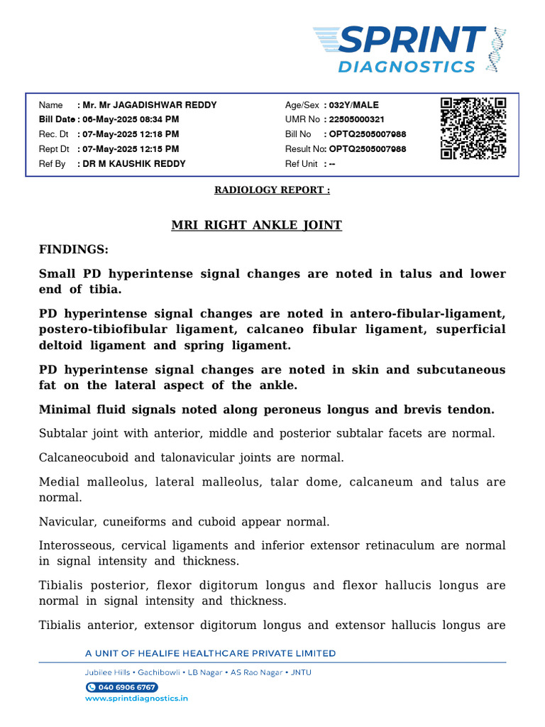 MR JAGADISHWAR REDDY MRI RIGHT ANKLE JOINT | PDF | Ankle | Skeletal System
