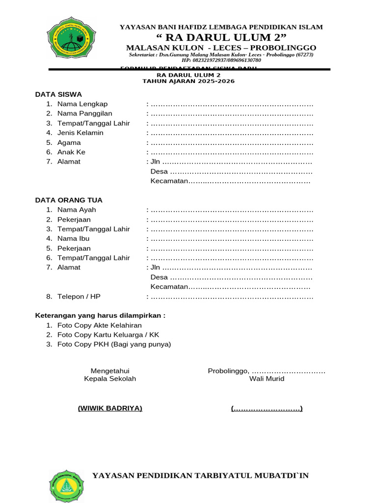 Formulir Pendaftaran Siswa Baru | PDF