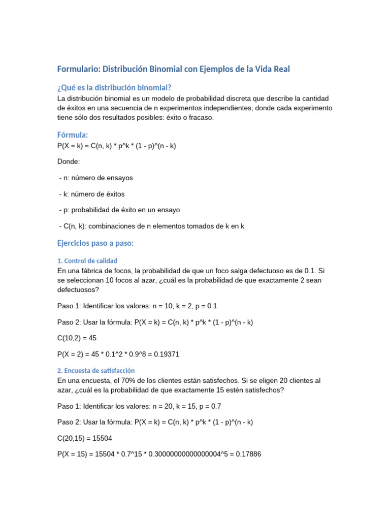 Formulario Distribucion Binomial | PDF | Probabilidad | Teoría estadística