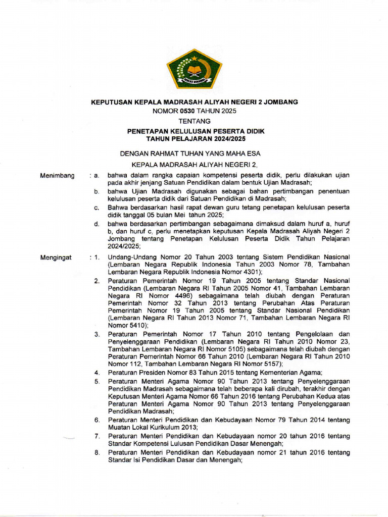 SK_-KEPALA-MAN-2-JOMBANG-TENTANG-PENETAPAN-KELULUSAN-TAHUN-2025 | PDF